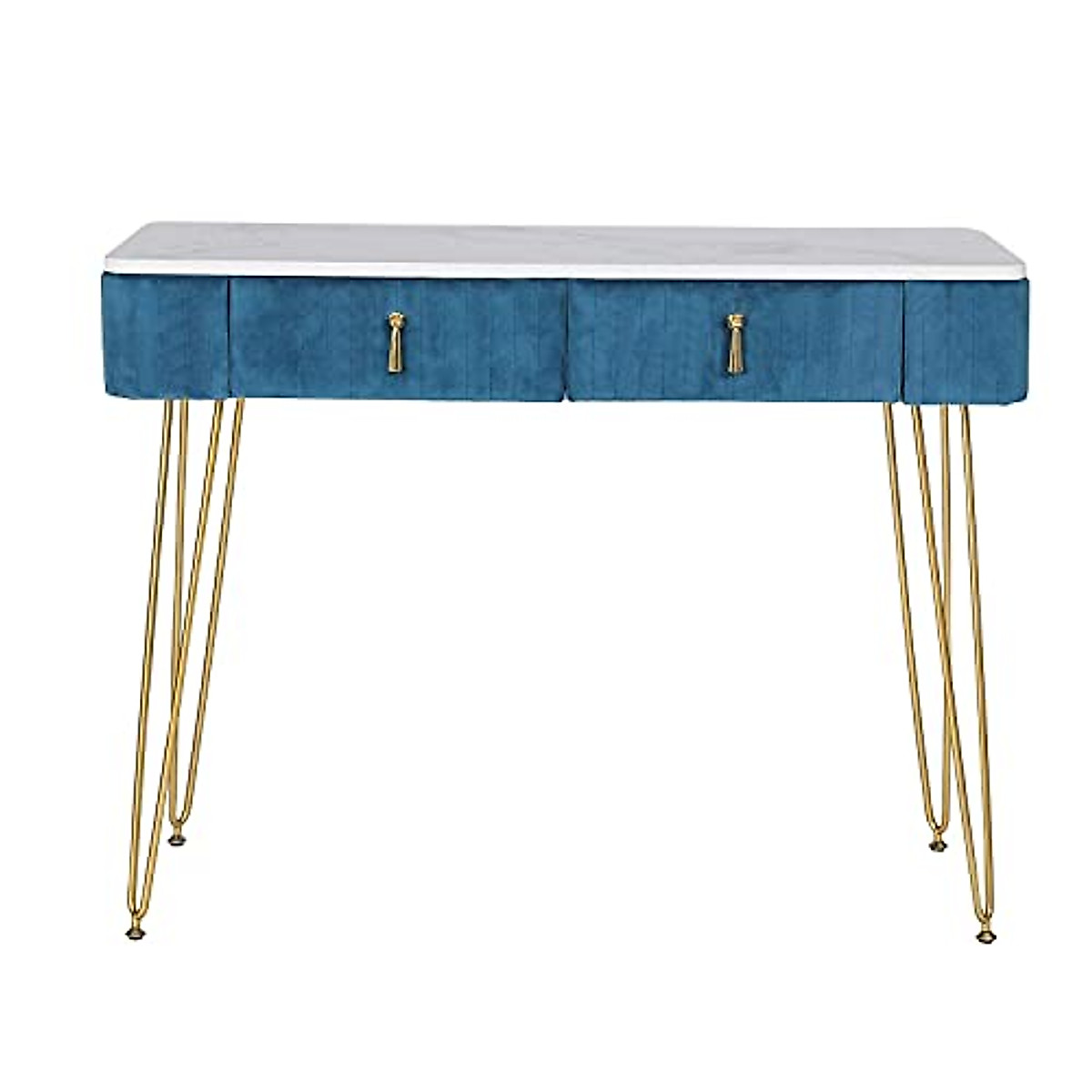 Joveco 39’’ Vanity Table with 2 Drawers- Modern Makeup Vanity Desk- Dressing Table Small Desks for Bedrooms- Home Office Computer Desk- White Marble Wood Veneer/Gold Metal Legs/Blue Soft Microfiber