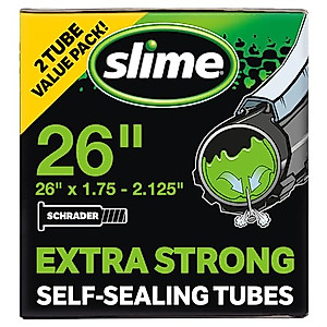 Slime 30074 Bike Inner Tubes with Slime Puncture Sealant, Extra Strong, Self Sealing, Prevent and Repair, Schrader Valve, 26"x1.75-2.125", Value 2-Pack