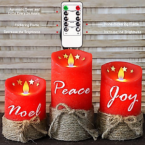 FLAVCHARM Holiday Flameless Candles, Peace Joy Noel with Rope Red LED Flickering Candles Battery Operated with Remote Control, Christmas Decoration for Home, Tablecenter, Bedroom, Bar Party