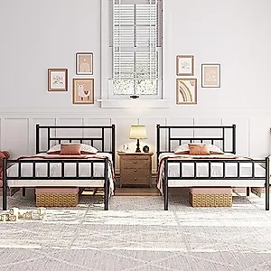 Yaheetech 2 Pcs 13 inch Twin Size Metal Bed Frame with Headboard and Footboard Platform Bed with Storage No Box Spring Needed Mattress Foundation, Black