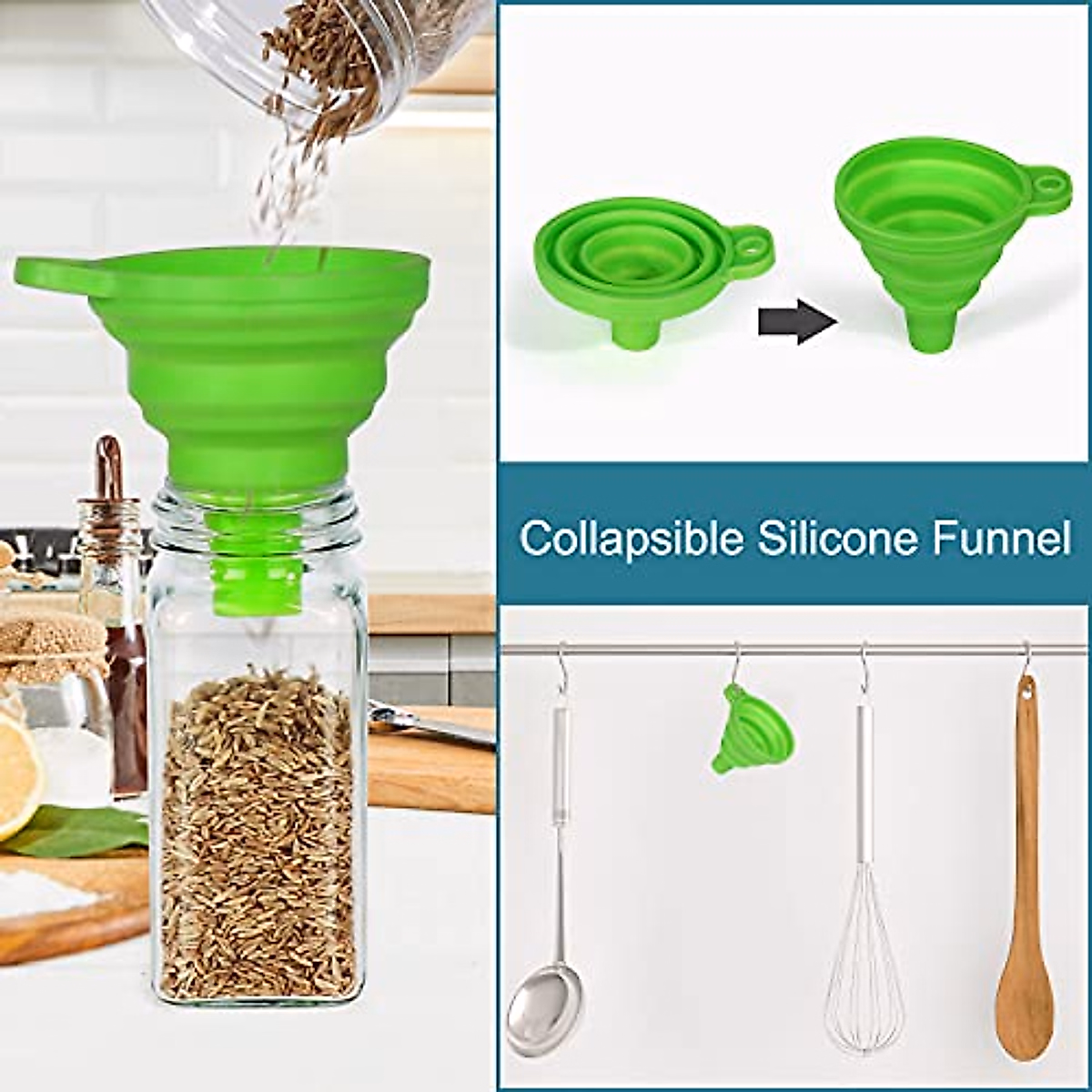 CycleMore 48 Pack 4oz Glass Spice Jars Bottles, Square Spice Containers with Silver Metal Caps and Pour/Sift Shaker Lid-80pcs Black Labels,1pcs Silicone Collapsible Funnel and 2pcs Brush Included