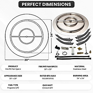 Dreffco Stainless Steel Fire Pit Burner Pan & Ring Pro Kit for Liquid Propane, 30-Inch Pan, 24-Inch Ring, 150,000 BTU Max