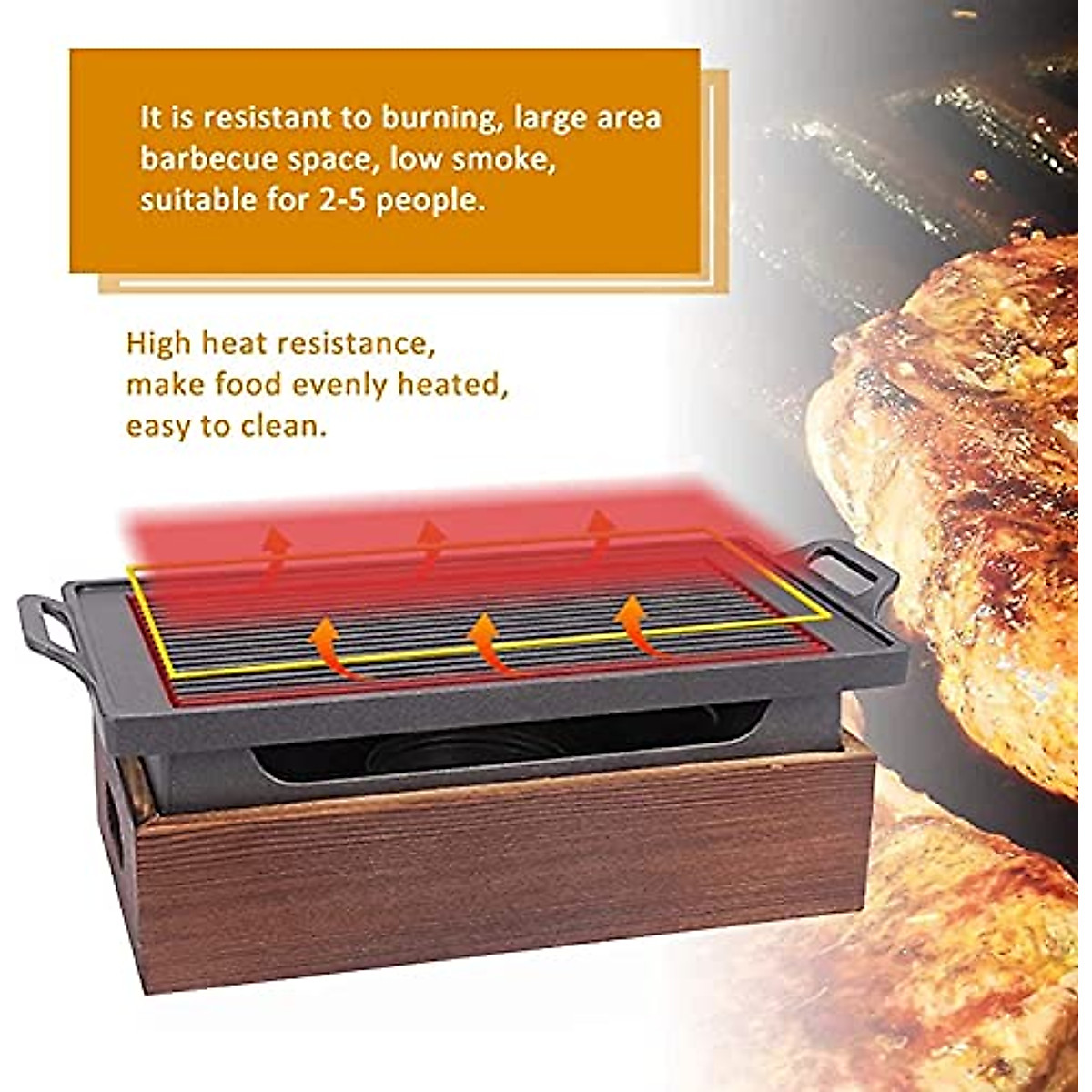 Helikim Portable BBQ Grill, Japanese-Korean Household Wooden Alcohol Stove BBQ Grill with Wooden Base for Indoor Dining Table, Camping, Outdoor Garden BBQ,23cm