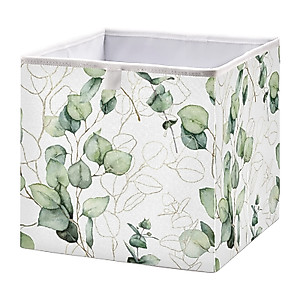 Gold Eucalyptus Branches, Green Eucalyptus Leaves Golden Linear Leaves Square Storage Basket Bin, Collapsible Storage Box, Foldable Nursery Baskets Organizer for Toy, Clothes Easy to Assemble
