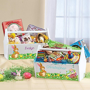 Fox Valley Traders Personalized Kids Easter Toy Caddy, Customized Children’s Wooden Storage Tote with Blue Font, 13” Wide x 9” High