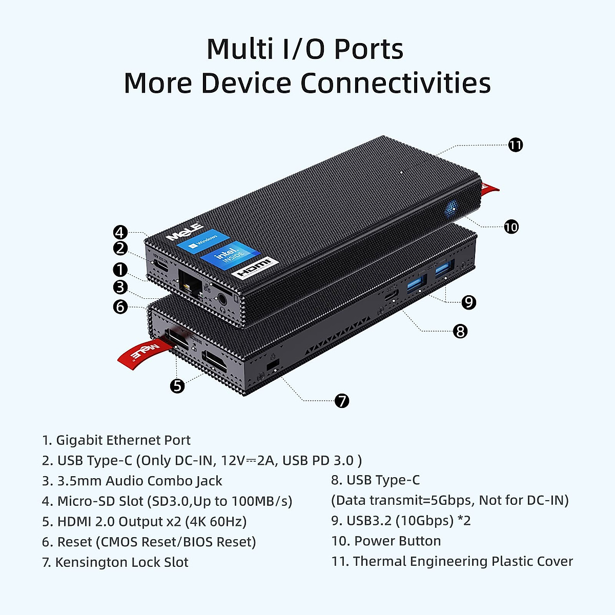 MeLE PCG02 Pro Fanless Mini PC Stick N5105, Small Computer Portable, DDR4, Win 11 Pro, HDMI *2, 4K, Wi-Fi 6, Gigabit Ethernet, BT 5.2, USB 3.2 * 2, Type-C, Support VESA Mount (8G/256G)