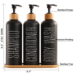 Prus Waso Shampoo and Conditioner Dispenser, Contains Shampoo Conditioner Body Wash Dispenser. Shower Dispenser with Bamboo Pumps & Tray, Perfect for Bathroom Essentials for New Home. (Black)