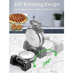 Waffle Maker, Yabano Belgian Waffle Iron with 180°Rotating Design, Non-Stick Plate, Cool Touch Handle, 1080W Fast Heating Waffle Machine for Breakfast, Snacks