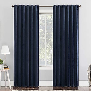 Sun Zero Hampshire Velvet Noise Reducing Thermal Extreme Total Blackout Back Tab Curtain Panel, 50" x 84", Navy Blue