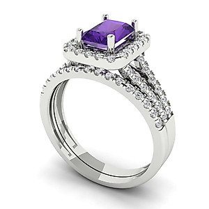 Clara Pucci 1.54 carat Emerald Cut Halo Solitaire Natural Amethyst Engagement Wedding Anniversary Bridal Ring band set 14k White Gold 8.5