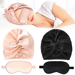 SATINIOR 4 Pcs Silk Bonnet Sleep Cap Women Silk Hair Wrap for Sleeping and Comfortable Sleep Eye Covering, 4 Piece Set(Black, Pink)
