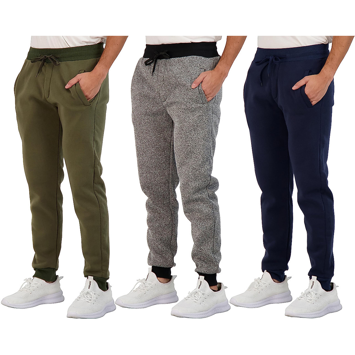 Real Essentials Mens Joggers Sweatpants Fleece Pants Sweat Clothing Pockets Baggy Elastic Cuffed Workout Bottom Athletic Soft Warm Winter Jogging Gym Active Track Work Tapered, Set 1, L, Pack of 3