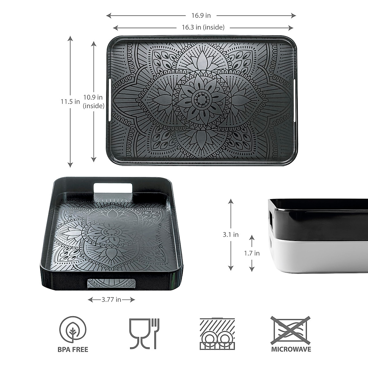 Bzyoo Melamine Gallery Tray -11.5in x 16inch Large Rectangle Serving Tray with Handle for Entertaining, Ottoman and Kitchen Counter Decor, Decorative Home Coffee Table Tray or Vanity Tray - Black