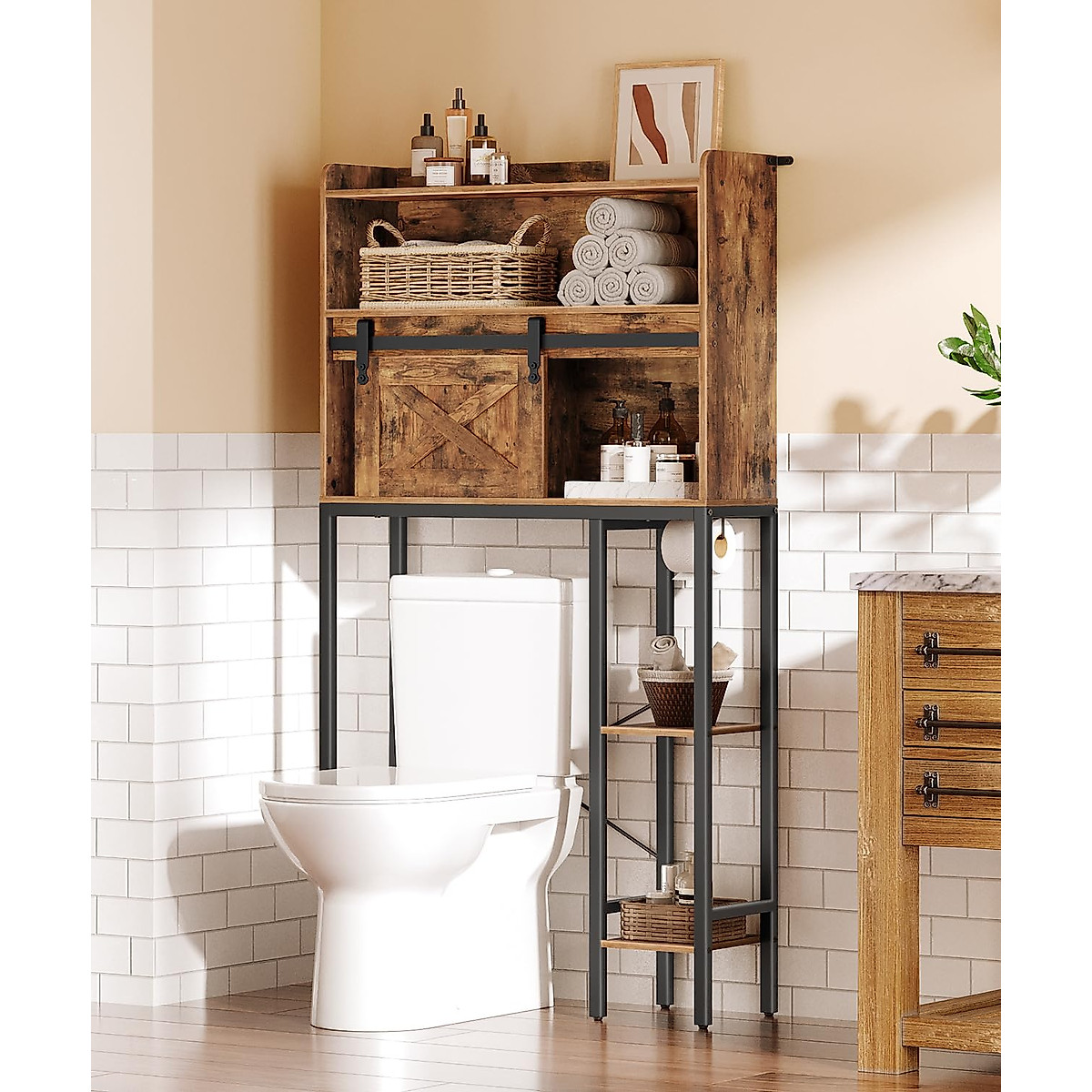 HOOBRO Over The Toilet Storage Cabinet, Bathroom Organizer Stand with Toilet Paper Holder, Space-Saving Toilet Storage Rack, Sliding Barn Door, Rustic Brown and Black BF82TS01