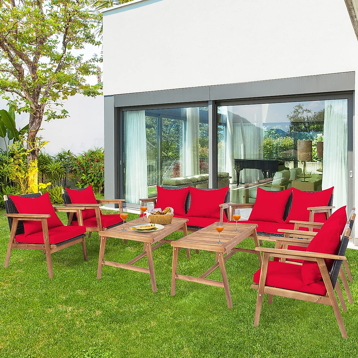 Tangkula 8-Piece Patio Furniture Set, Outdoor Acacia Wood Conversation Set with Cushions and Coffee Table, Outdoor PE Wicker Sectional Sofa Set for Garden, Poolside and Backyard (2, Red)