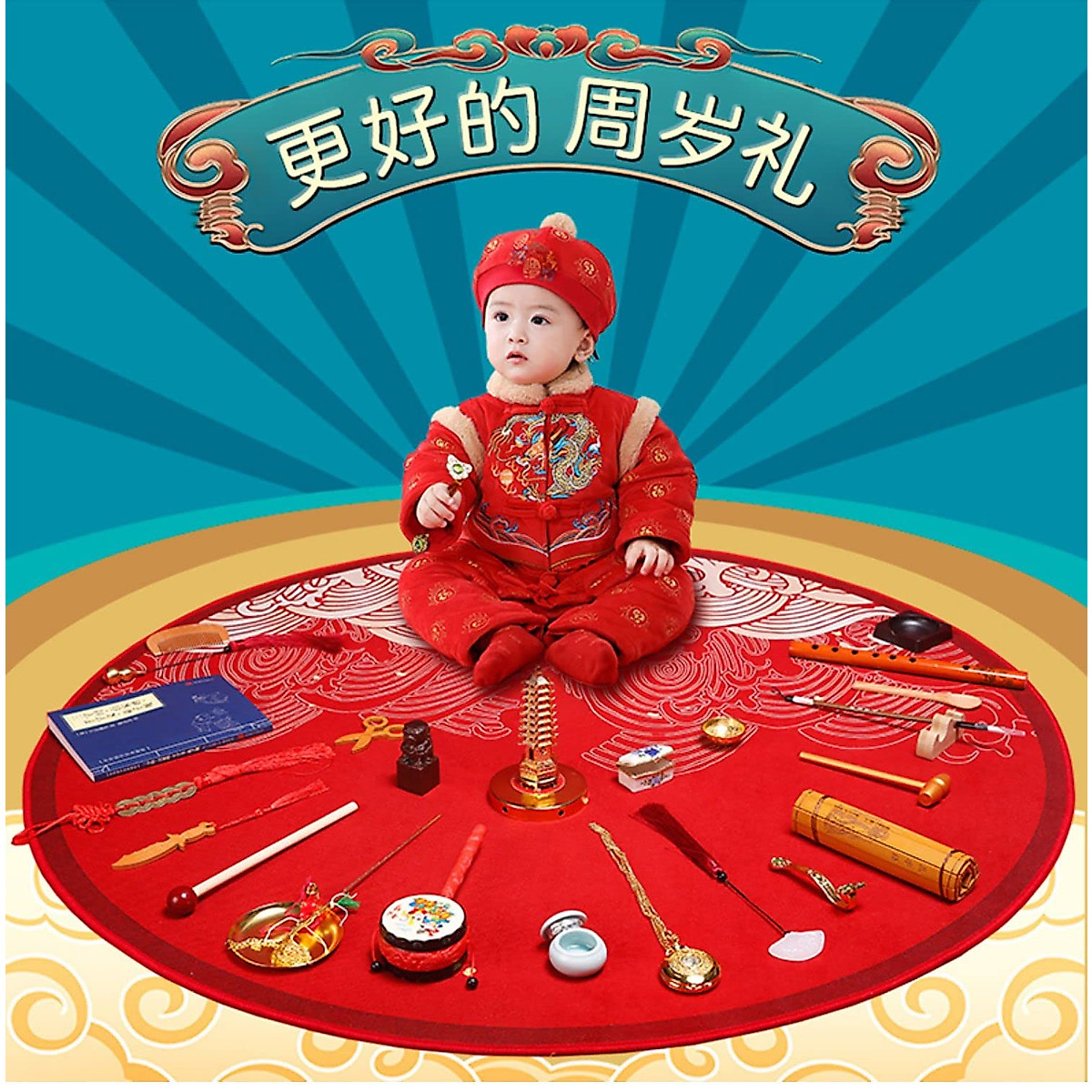 Background Carpet for Zhua zhou Set 100*100CM Unique Gifts for Celebrate Kid Fist Birthday Party（Red）