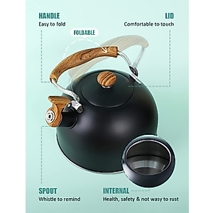 Tea Kettle, BELANKO 85 OZ / 2.5 Liter Whistling Tea Kettle, Tea Pots for Stove Top Food Grade Stainless Steel with Wood Pattern Folding Handle, Loud Whistle Kettle for Tea, Coffee, Milk - Black