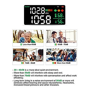 5-in-1 Decibel Meter Wall Hanging Sound Level Meter 30-130dB Range 11 Inch Large LED Display Noise & Time & Temperature & Humidity Meter Wide Applications for Home, Studio, Factory, Classroom