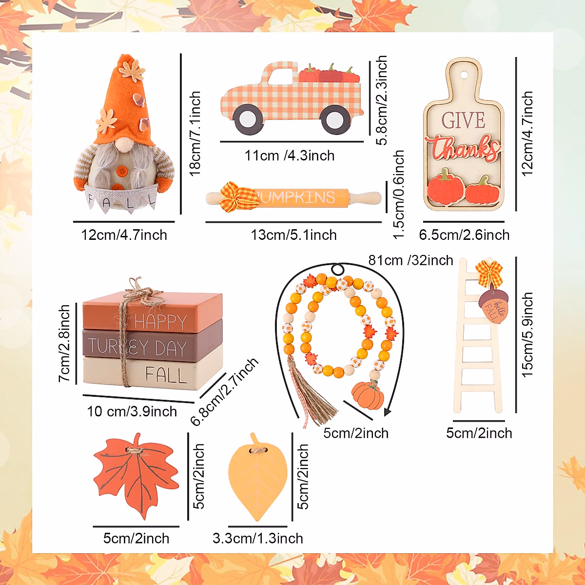 13 Pieces Fall Tiered Tray Decor Set Thanksgiving Pumpkin Tray Decor Faux Decorative Books Gnome Maple Leaves Truck Wooden Signs Rustic Farmhouse Fall Tabletop Decor for Autumn Thanksgiving