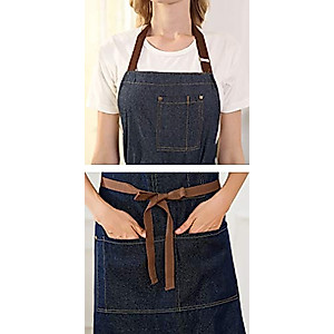 YukaBa Blue Adjustable Denim Jean Kitchen apron with 5 Pockets for Women Men Optimized upgrade(Denim) (Set of 1)