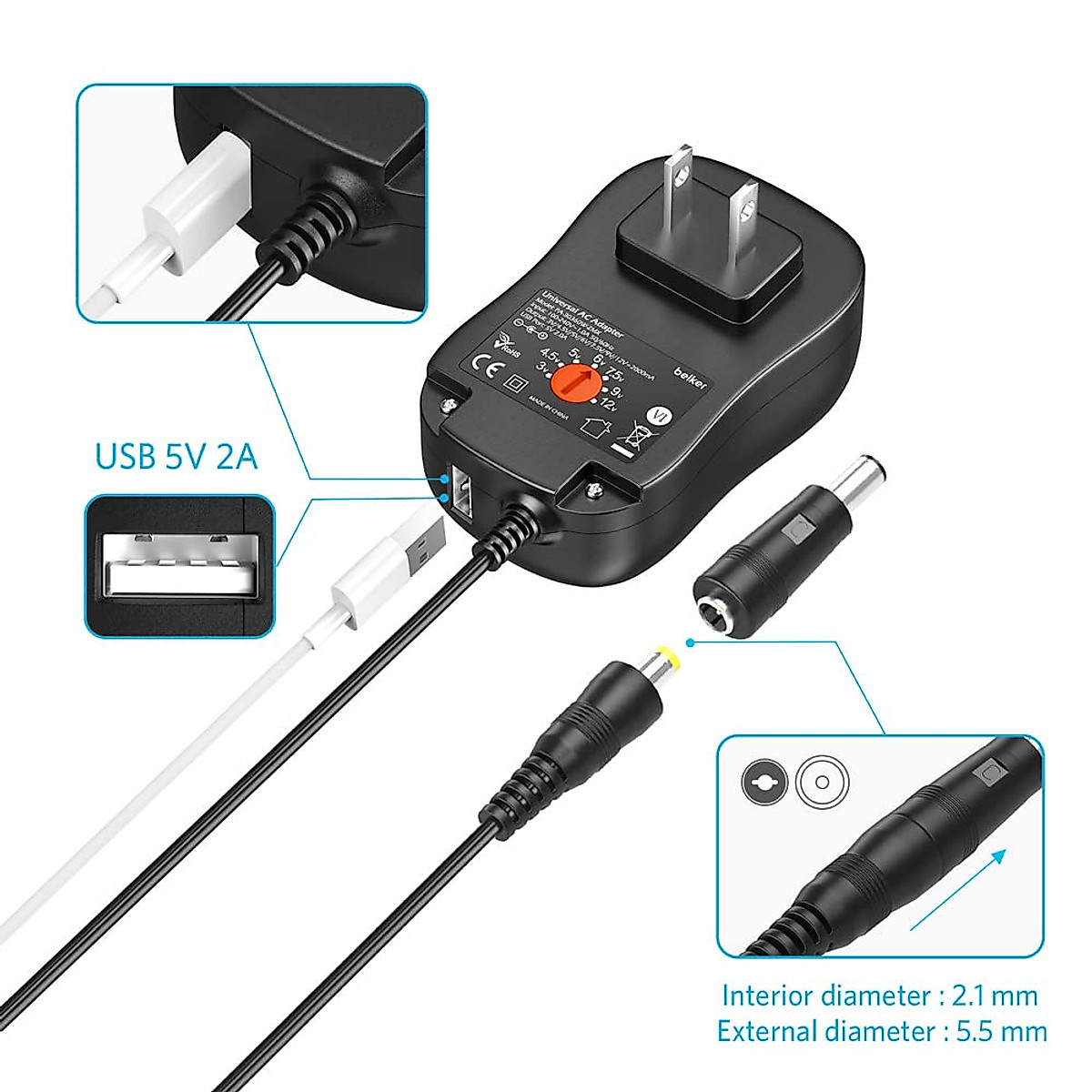 Belker 30W Universal 3V 4.5V 5V 6V 7.5V 9V 12V AC DC Adapter Power Supply for LED Light Strip Router Speaker Smart Phone Tablet CCTV IP Camera TV Box 0.5A 1A 1.5A 2A 2000mA Amp - with 5V 2A USB