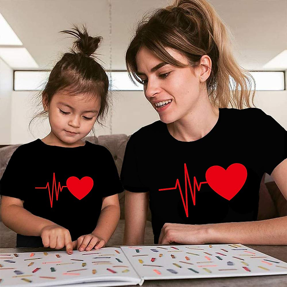 Heartbeat Love Funny Mom Son Daughter Matching T-Shirts Mother & Daughter Matching Set Mom & Baby Shirts Black