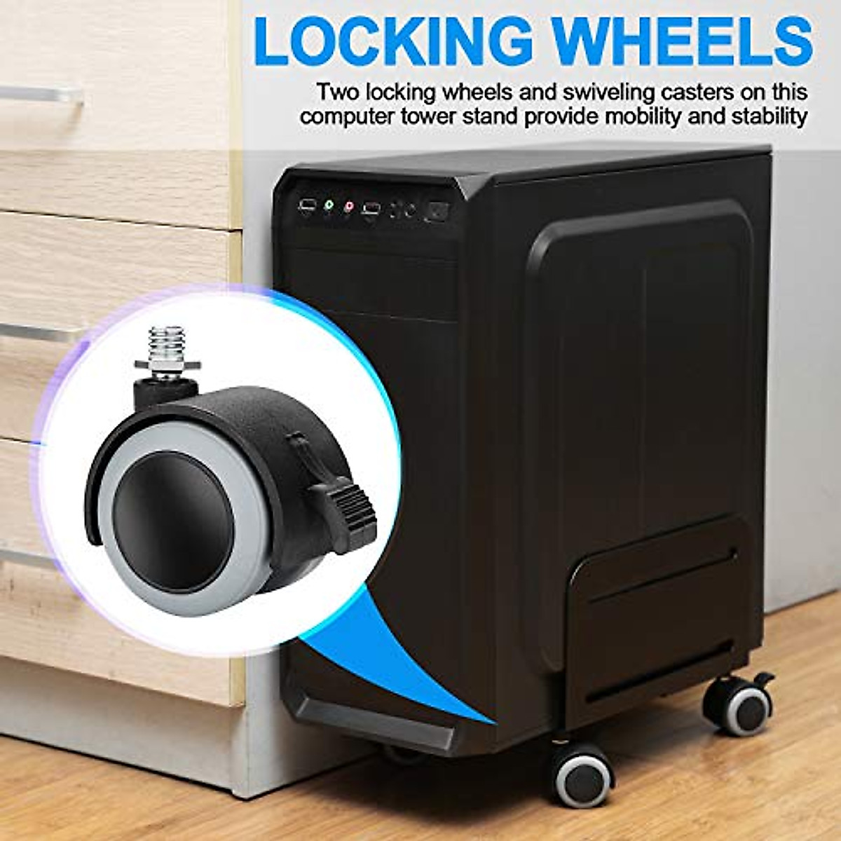 CPU Stand, Computer Tower Stand with 2 Locking Wheels and 2 Caster Wheels, UPC Steel Rolling Stand Computer Stand for Desktop Tower (Black)