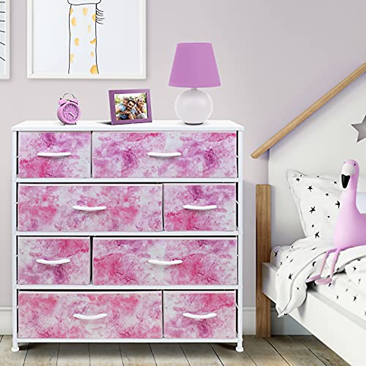 Sorbus Dresser for Kids Bedroom 8 Drawers - Storage Organizer Closet Furniture Chest for Girls & Boys, Nursery, Playroom, Clothes, Toys - Steel Frame, Wood Top, Fabric Bins (Tie-dye Pink)