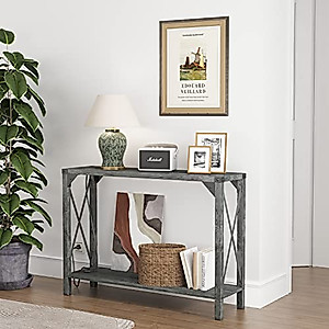 IRCPEN 42.5" Entryway Table with Charging Station, 2-Tier Skinny Sofa Table with Outlet, Industrial Console Table for Entryway, Living Room, Hallway, Foyer (Grey, 42.9" D x 11.8" W x 29.9" H)
