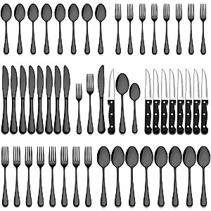 Wildone 48-Piece Black Flatware Set with Steak Knives, Stainless Steel Silverware Cutlery Set Service for 8, Tableware Eating Utensils Include Knives/Forks/Spoons, Mirror Polished, Dishwasher Safe