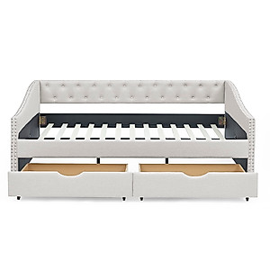 OMGO Upholstered Full Size Daybed with Two Storage Trundle Drawers, Solid Wooden Sofa Bed Frame w/Button Tufted Backrest, No Box Spring Needed, for Kids, Bedroom, Dorm