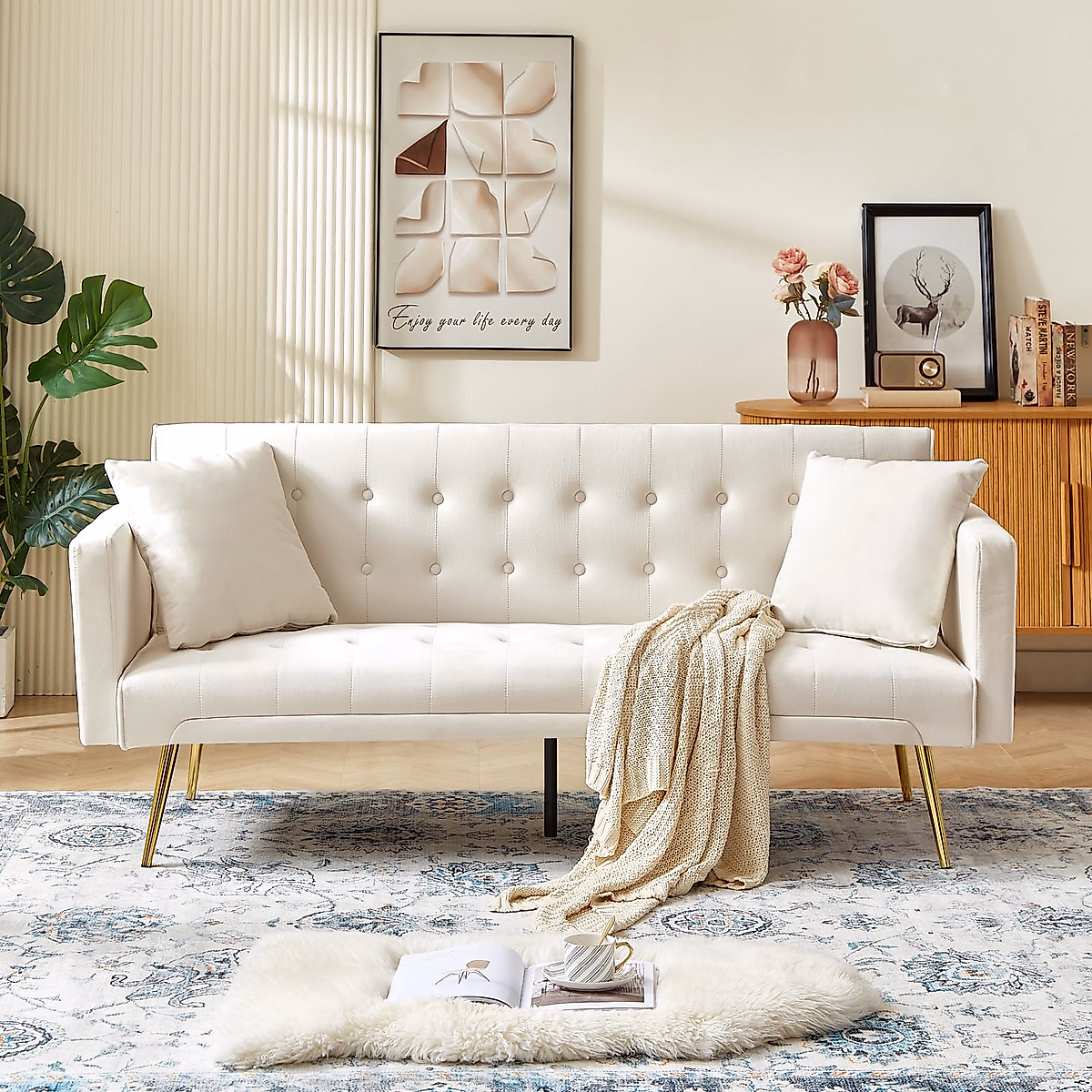 AnwickNomo Modern Velvet Futon Sofa Bed with 4 Golden Metal Legs and 2 Pillows, Convertible 3 Adjustable Loveseat Couch for Living Room Home Office Bedroom (Beige)