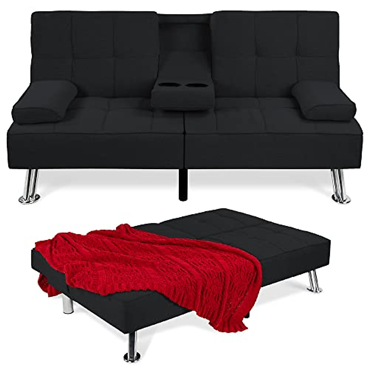 Best Choice Products Linen Upholstered Modern Convertible Folding Futon Sofa Bed for Compact Living Space, Apartment, Dorm, Bonus Room w/Removable Armrests, Metal Legs, 2 Cupholders - Black