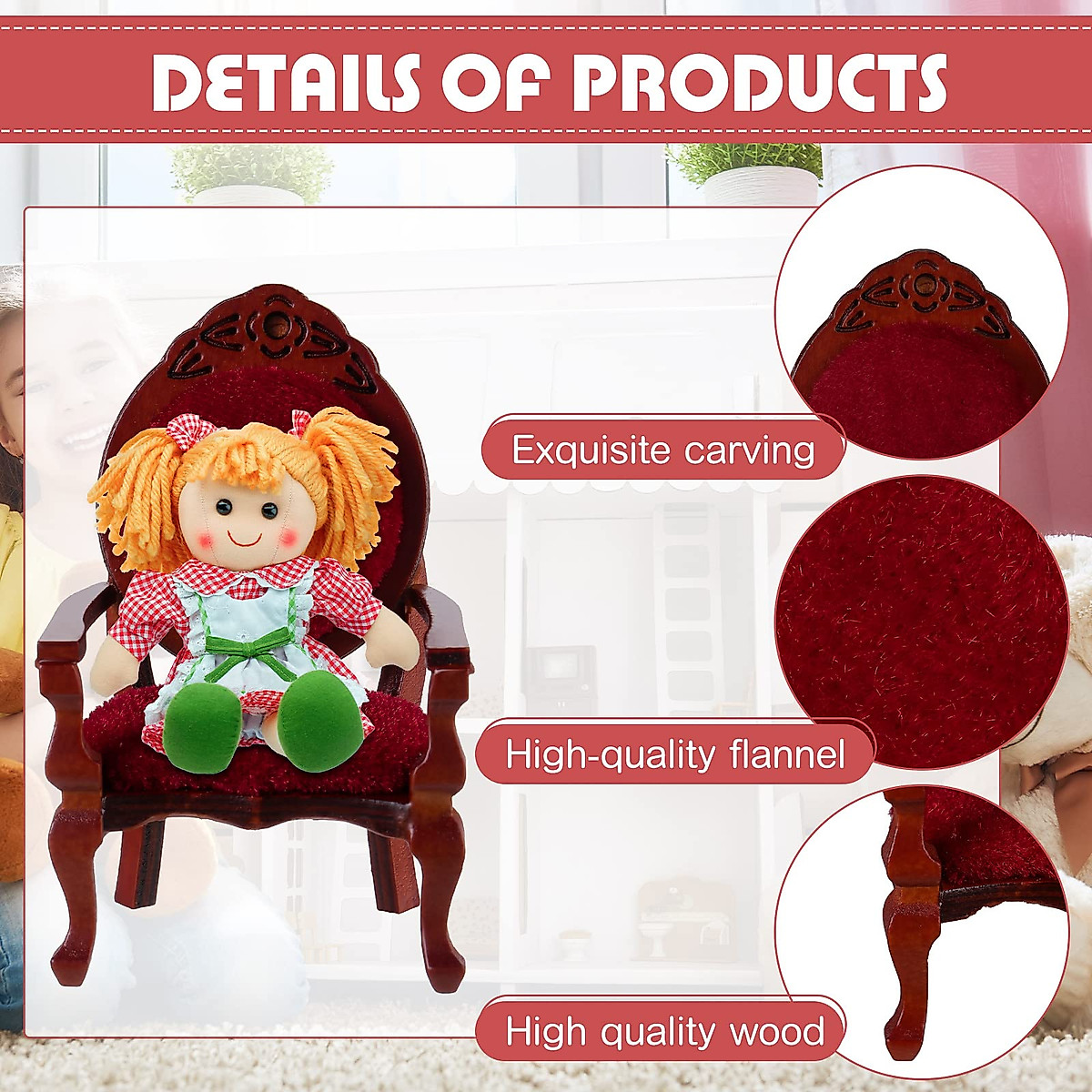 2 Pieces Miniature Dollhouse Chair 1:12 Miniature Victorian Furniture Dollhouse Chair Wooden Carved Single Sofa Chairs Vintage Armchairs