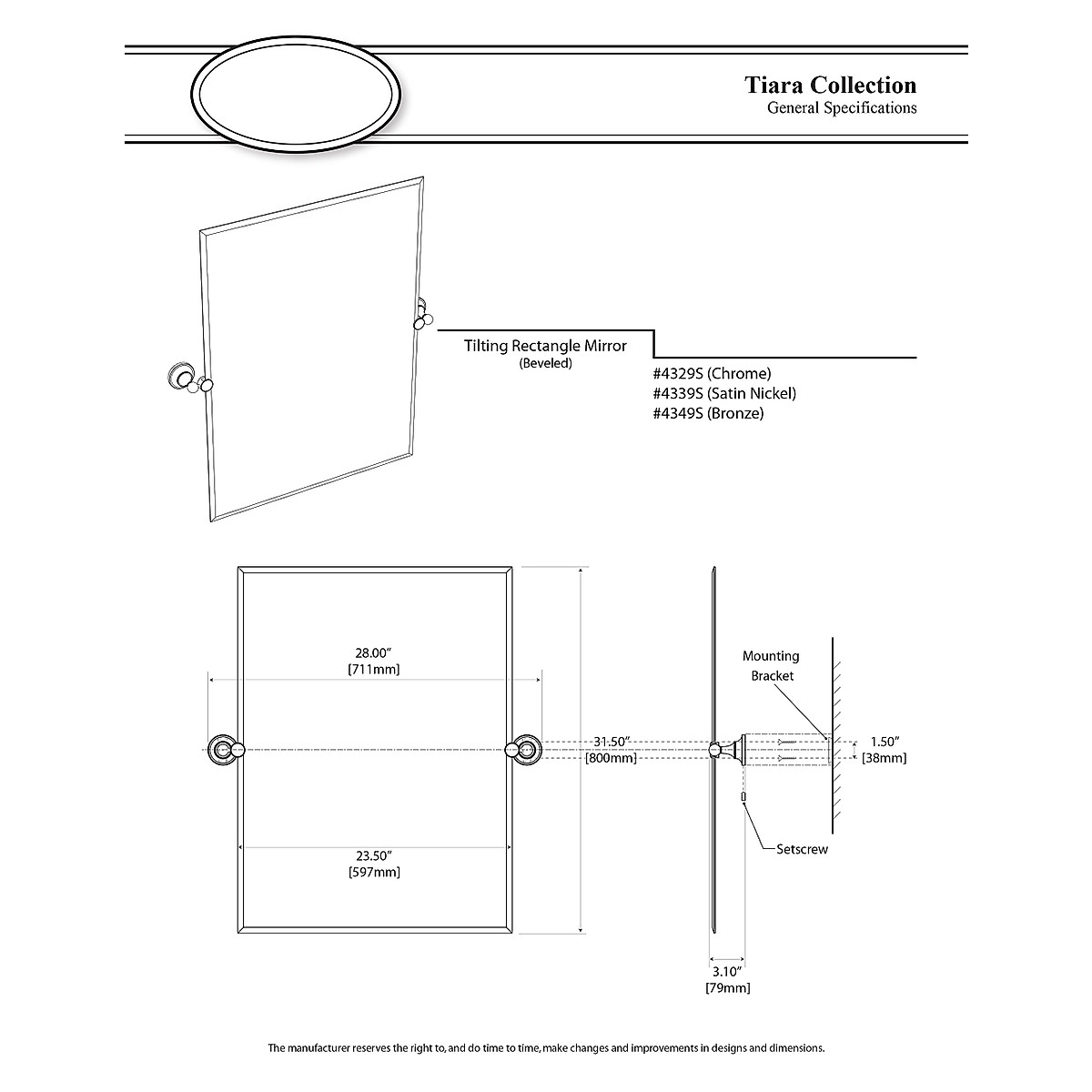 Gatco 4339S Tiara Rectangular Wall Mirror, Satin Nickel 31.5" x 28"