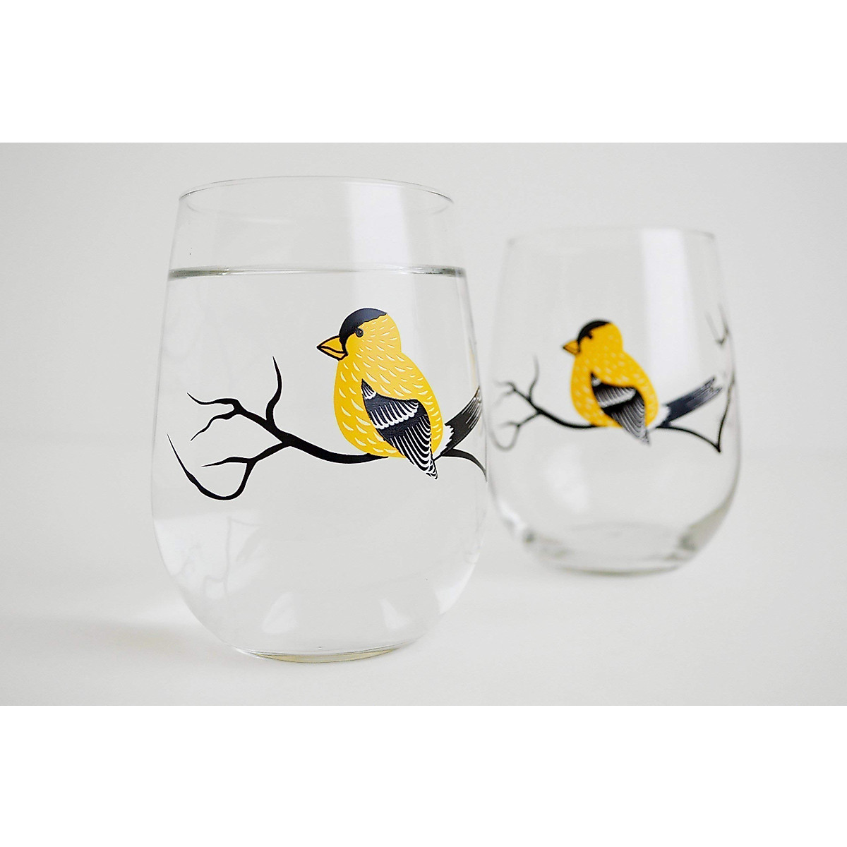Bird Glassware Set of 4 Stemless Wine Glasses, Cardinal, Bluebird, Yellow Finch, Hummingbird Glass Collection