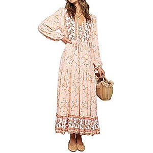 R.Vivimos Women's Long Sleeve Cotton V-Neck Button Up Floral Print Boho Flowy Midi Dresses (Medium, Peach)