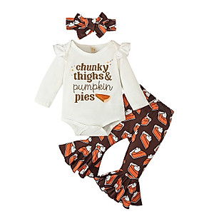 Baby Girl Thanksgiving Outfit Pumpkin Pie Romper+Flare Pants Newborn Girl Turkey Day Clothes 0-18 Months(White,12-18 Months)