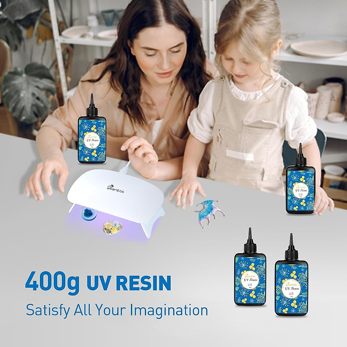 Bsrezn 400g UV Resin Hard, Crystal Clear UV Cure Epoxy Resin Kit Premixed Resina UV Transparent Solar Activated Glue for Jewelry Making Fast Curing