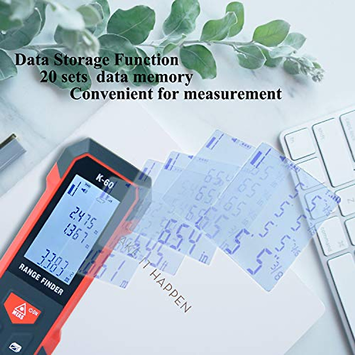 MAKINGTEC Laser Measure 196Ft M/Ft/in with Fraction Mode,Tape Measure Laser Measuring Device Large LCD Backlight Display, Pythagorean Mode Distance Measure Area and Volume Laser Distance Meter K-60