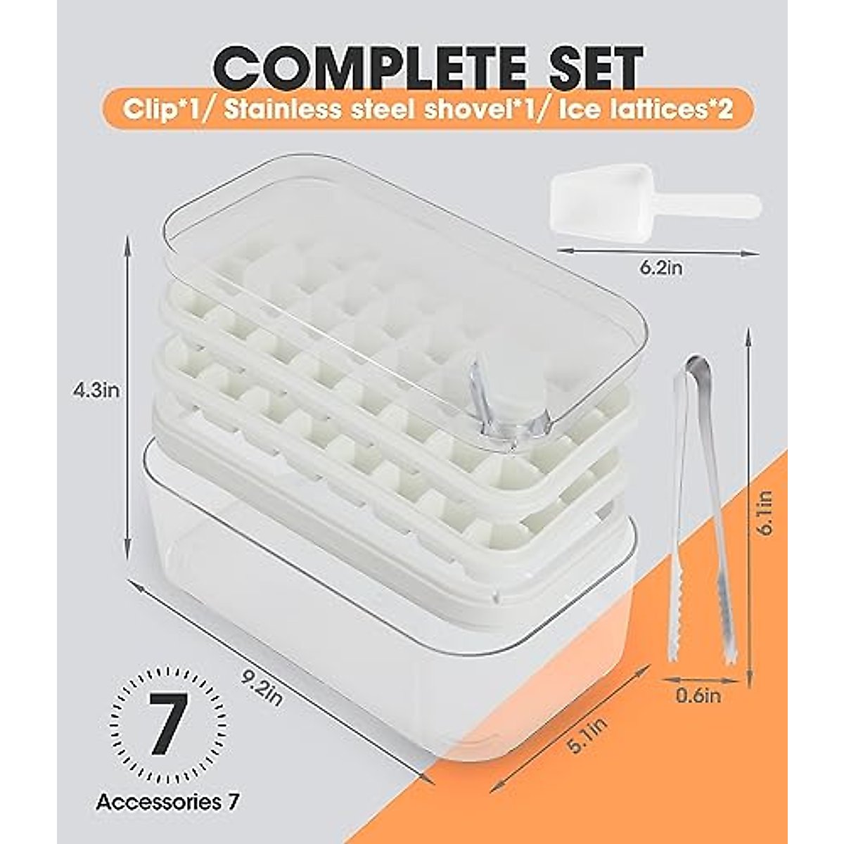 Ice Cube Trays with LId and Bin, Easy Release Ice Trays for Freezer, 2 Pack Ice Cube Molds, 64 Pcs Ice Cube Tray, Large Capacity Ice Tray Holder, Includes Ice Tong, Ice Spoon, for Whiskey, Cocktail.