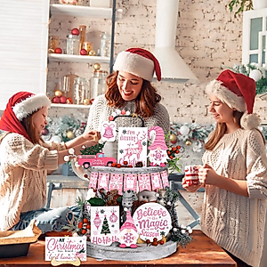 Pink Christmas Decoration, Christmas Tiered Tray Decor 15 Pcs Pink Christmas Ornaments Farmhouse Rustic Decor Christmas Gnome Truck Snowflake Wooden Sign for Christmas Centerpiece Table Party Holiday