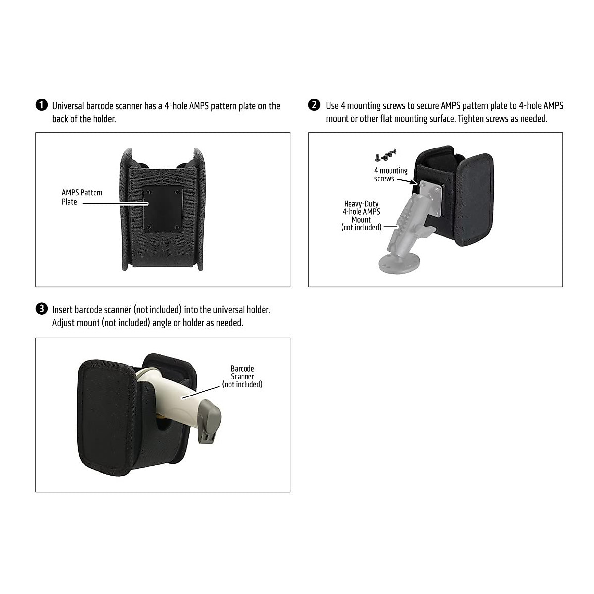 ARKON Mounts Universal Barcode Scanner Holder | Tough Polyester Construction | Zinc Alloy Plates for Longevity | 4-Hole AMPs Mount | Designed for Fulfillment Centers, Warehouses, and More | SPHLSTR