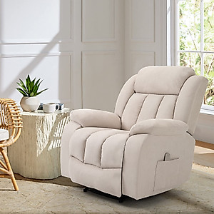 HOMHUM Massage Recliner Chair, Linen Fabric Recliner Chair modern rocker recliner chair with Heat and Vibration Function, Side Pockets Sofa Chair for Home Theater, Living Room, Beige