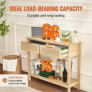 VEVOR Rattan Console Table with 2 Storage Drawers, Rattan Entryway Table with Natural Rattan Sliding Door, Console Sofa Table for Living Room, Study, Entryway Or TV Wall, Natural