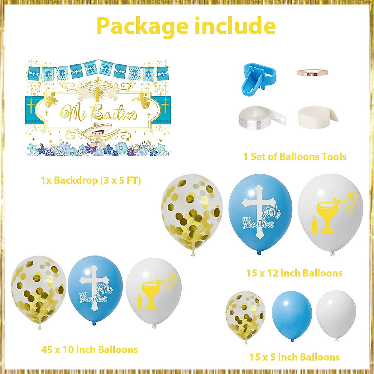 Mi Bautizo Decorations - Mi Bautizo Decorations for Boys with Baptism Backdrop Mi Bautizo Balloon Garland Kit First Communion Holy Christening Decoration God Bless Baby Shower Party Supplies