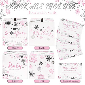51 Pcs Diaper Raffle Tickets with Baby Shower Card Box Winter Wonderland Diaper Raffle Game Box Snowflake Diaper Raffle Sign Box Insert Cards for Gender Reveal Baby Shower Game Kit Party Decorations