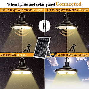 JACKYLED Solar Motion Sensor Pendant Light with 4 Modes, Remote, Waterproof & Adjustable Solar Panel - LED Pendant Shed Light for Indoor Outdoor Use in Home, Patio, Backyard, Shop, Warm White