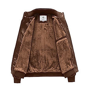 WenVen Men's Stand Collar Fleece Lined Bomber Faux Leather Jacket (Field, M)