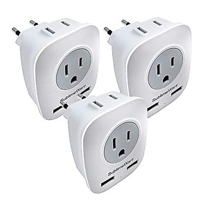 European Power Adapter (3 Pack) - w/ 2 USB Ports & 2 AC Outlets - USA to EU Outlet Plug - US to Europe Plug Adapter - Electrical Charger Travel Adapters for Europe - for Type F, E, C Charging